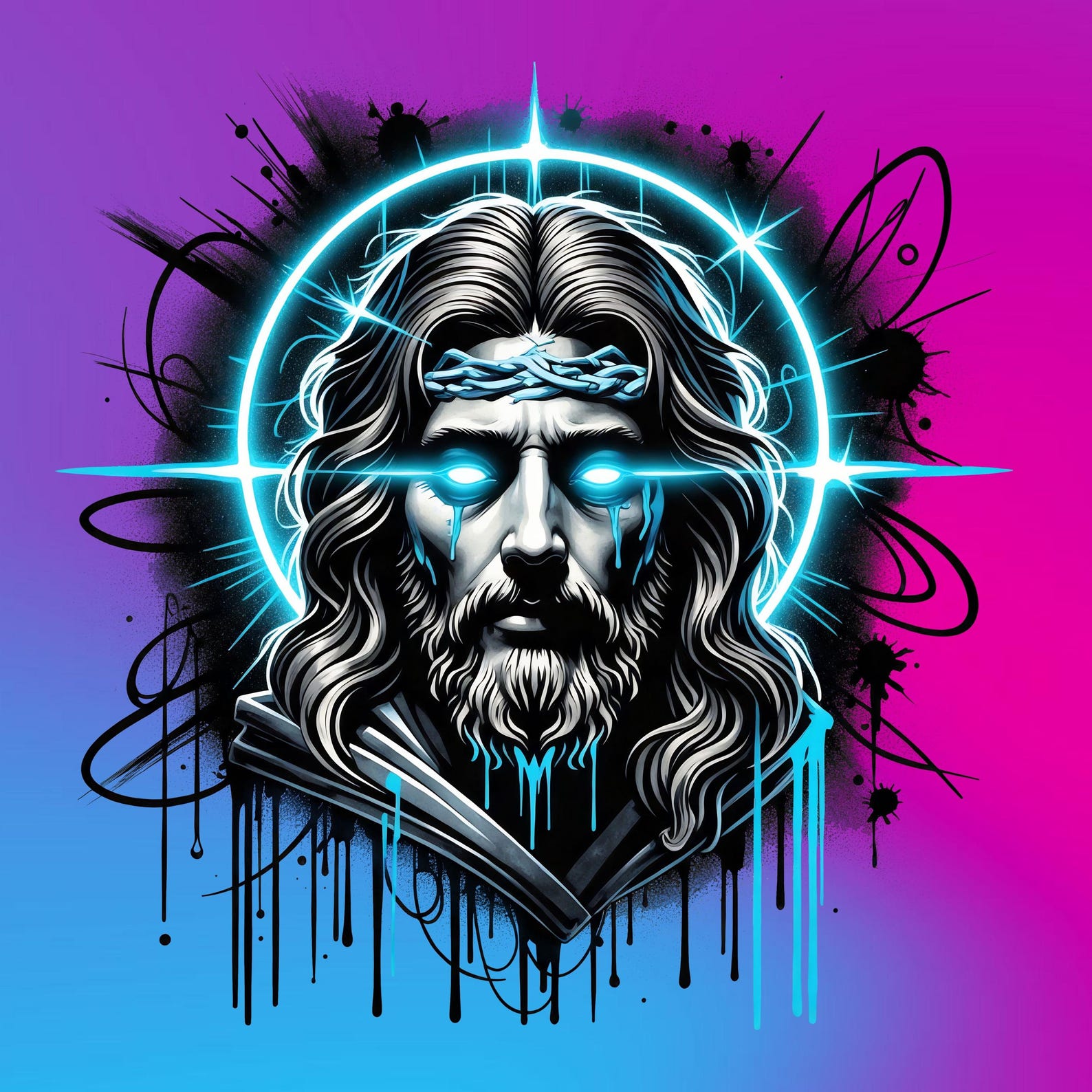 Jesus Dark Art PNG Neon Blue Halo Chrome Drip Religious Illustration - Etsy