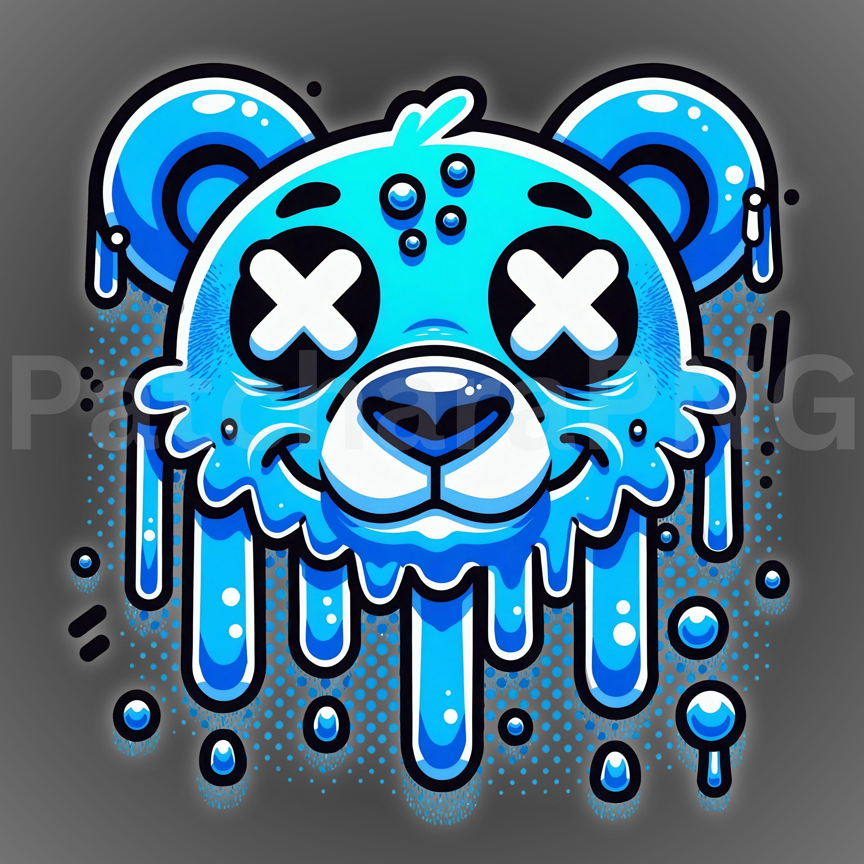 Melting Blue Bear Clipart – Drippy Cartoon Bear PNG, Kawaii X Eyes ...