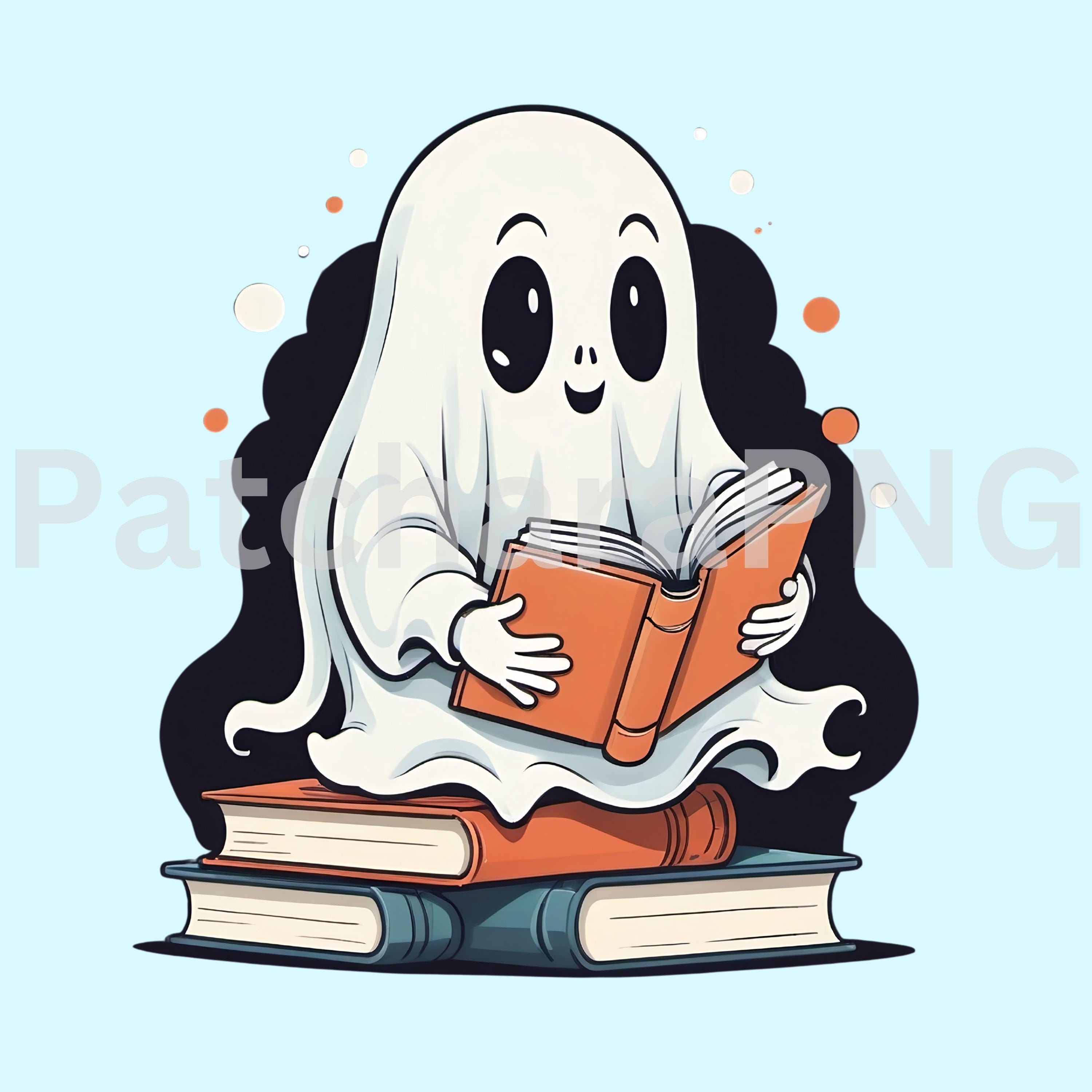 Cute Ghost Reading a Book Cartoon Whimsical Academic Art Spooky Playful ...