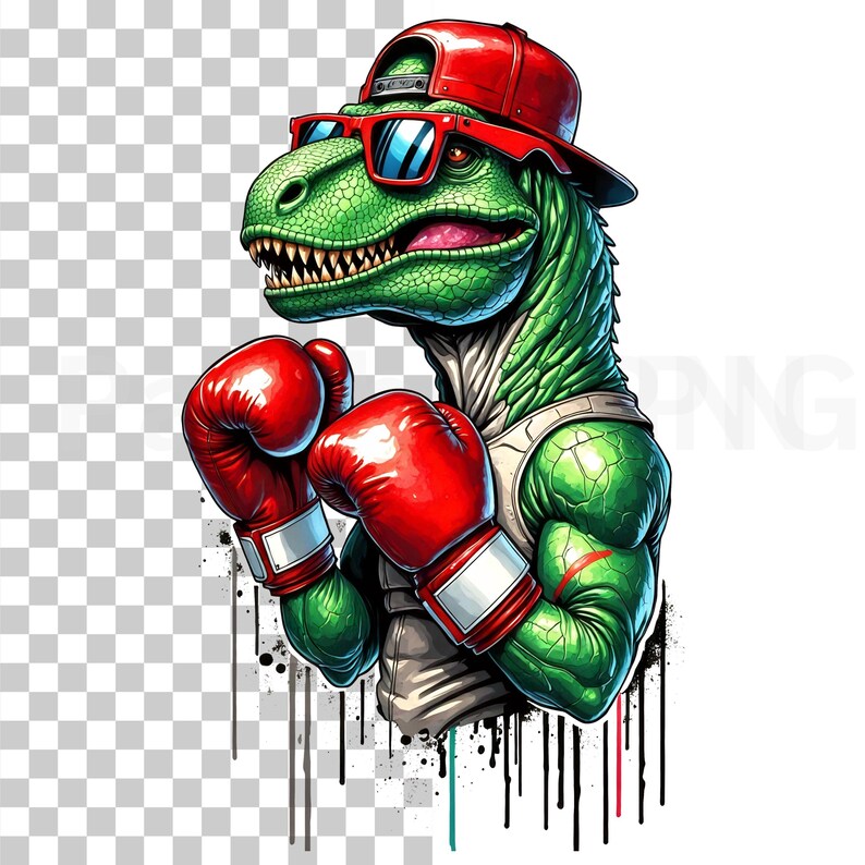 Boxing Dino PNG – Funny Cartoon Dinosaur With Red Gloves for DTF ...
