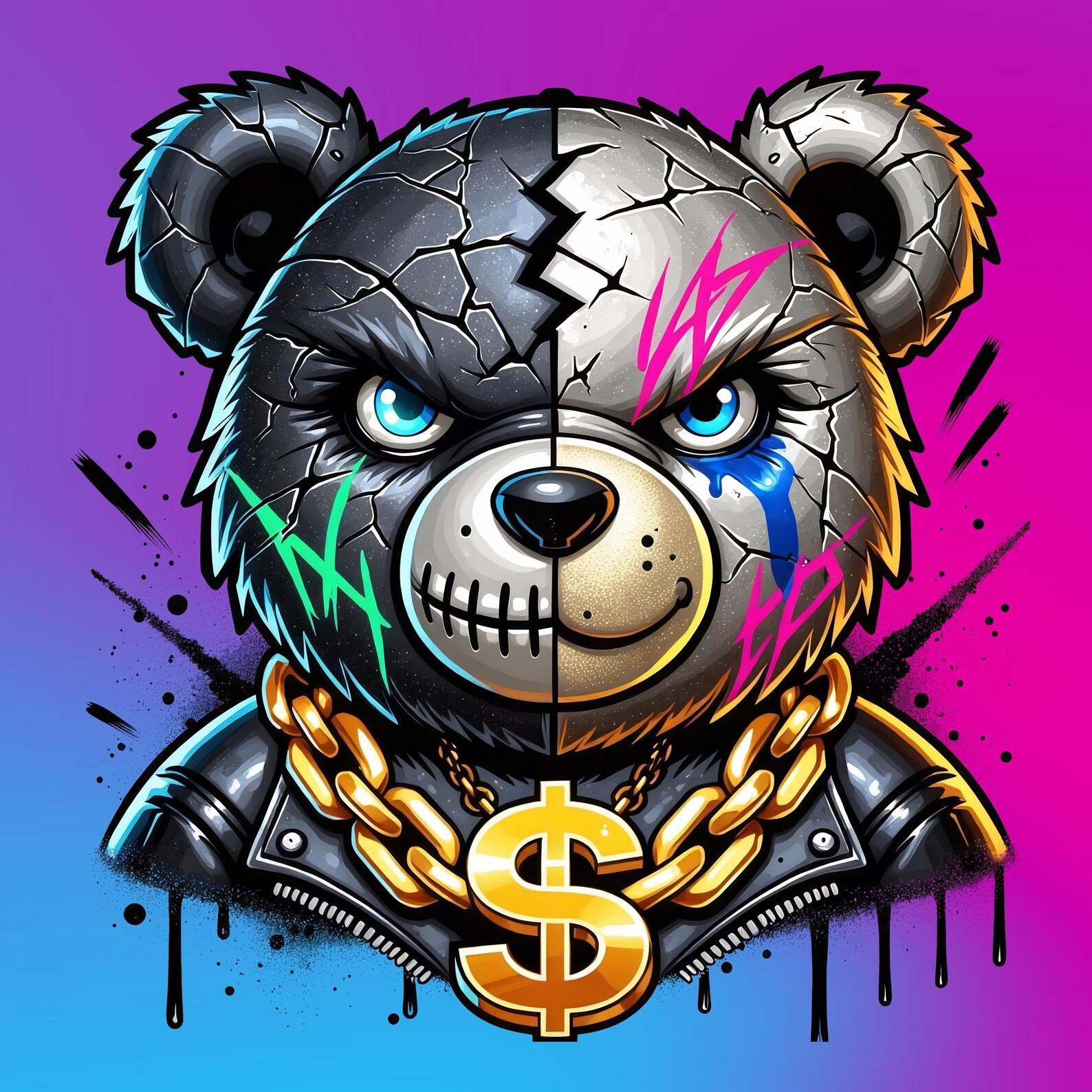 Split Personality Gangsta Bear PNG | Cute Dark Graffiti Style | Hip Hop ...
