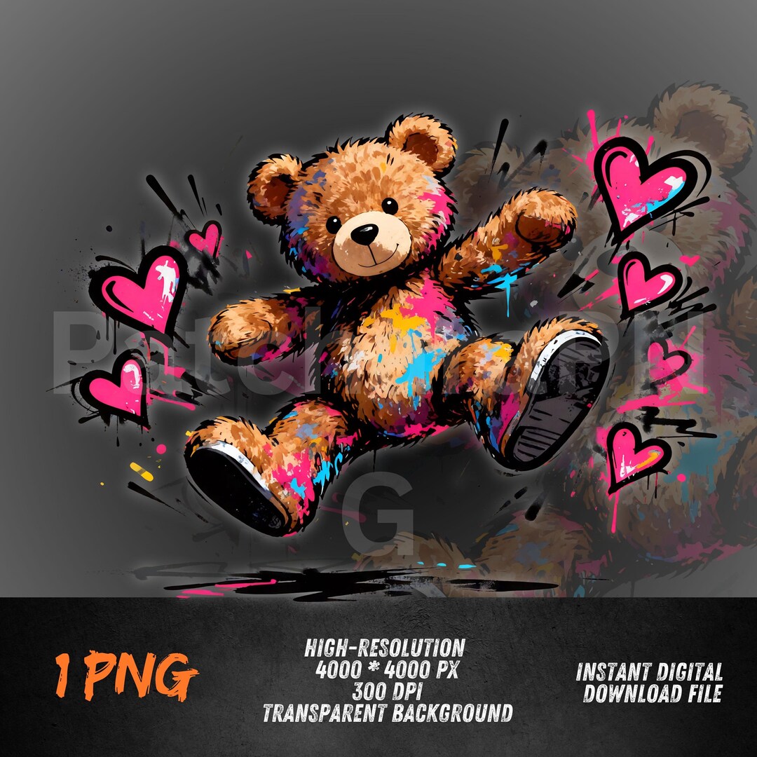 Happy Teddy Bear PNG Graffiti Style | Jumping Bear With Hearts ...
