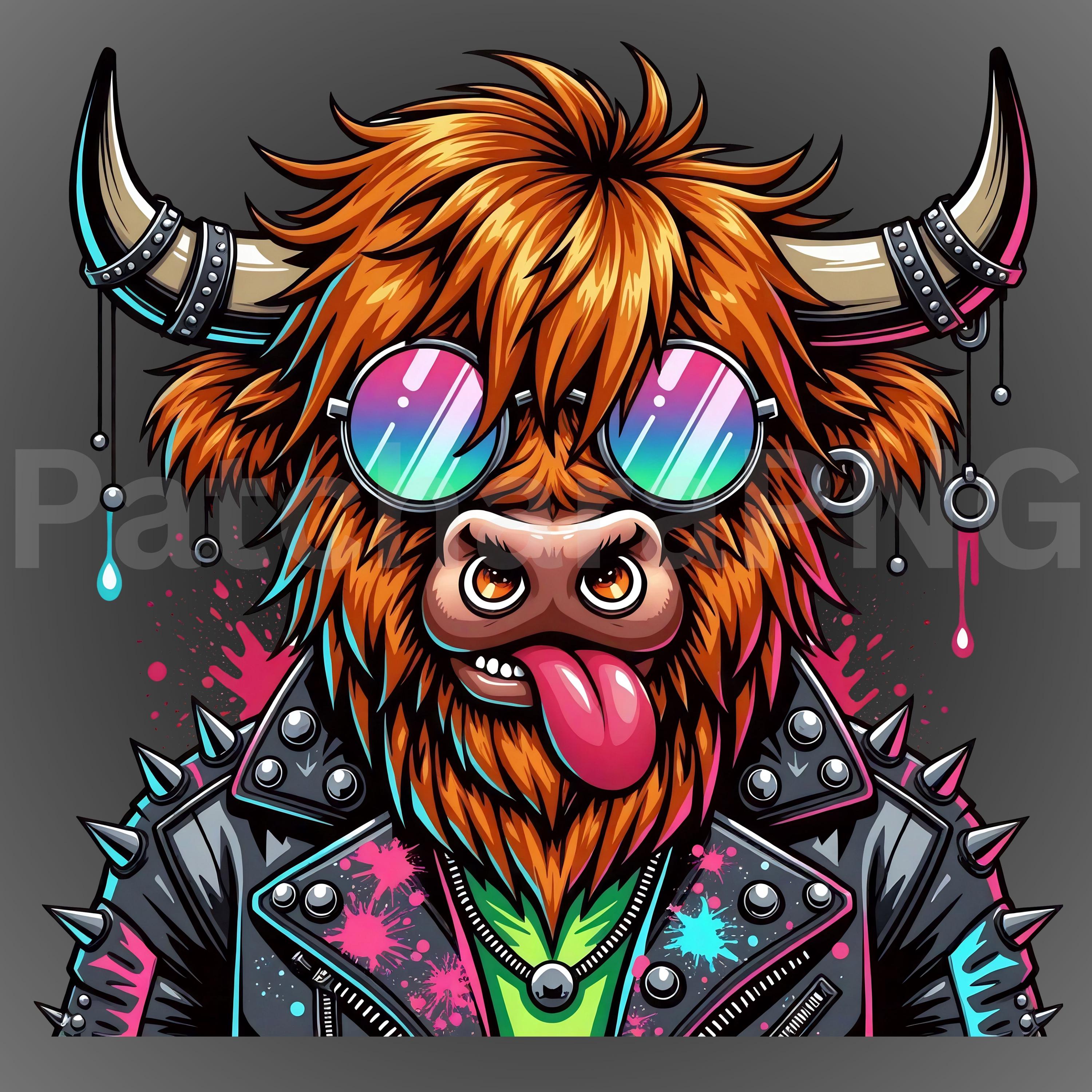 Rockstar Cow PNG | Highland Cow Clipart in Spiked Jacket With Glasses ...
