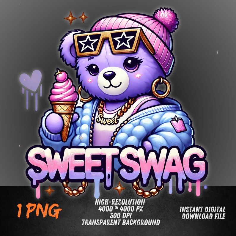 Sweet Swag Bear PNG | Purple Teddy Clipart With Ice Cream and Shades ...