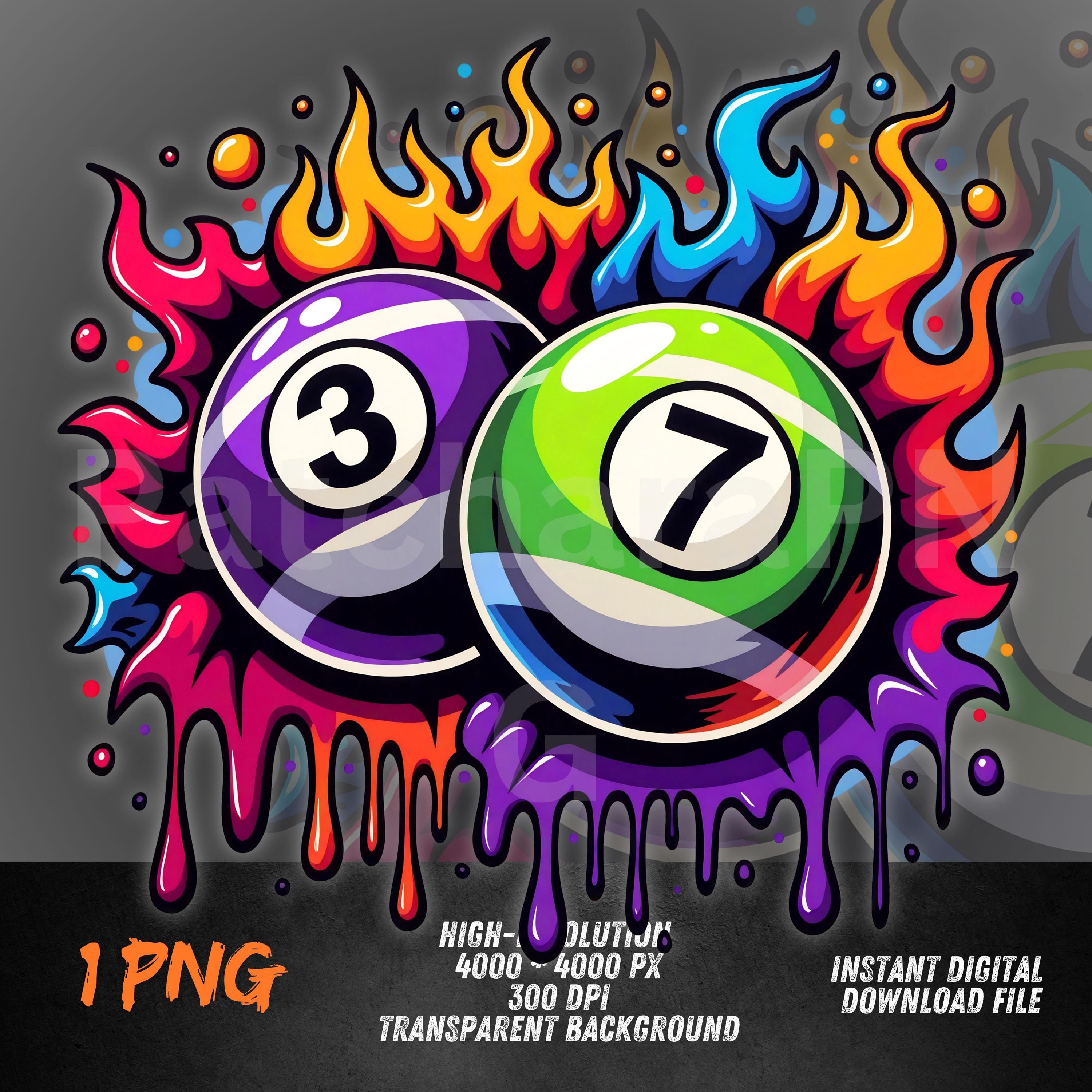 Graffiti Pool Ball PNG 3 & 7 Flame Art | Bold Billiards Clipart for DTF ...