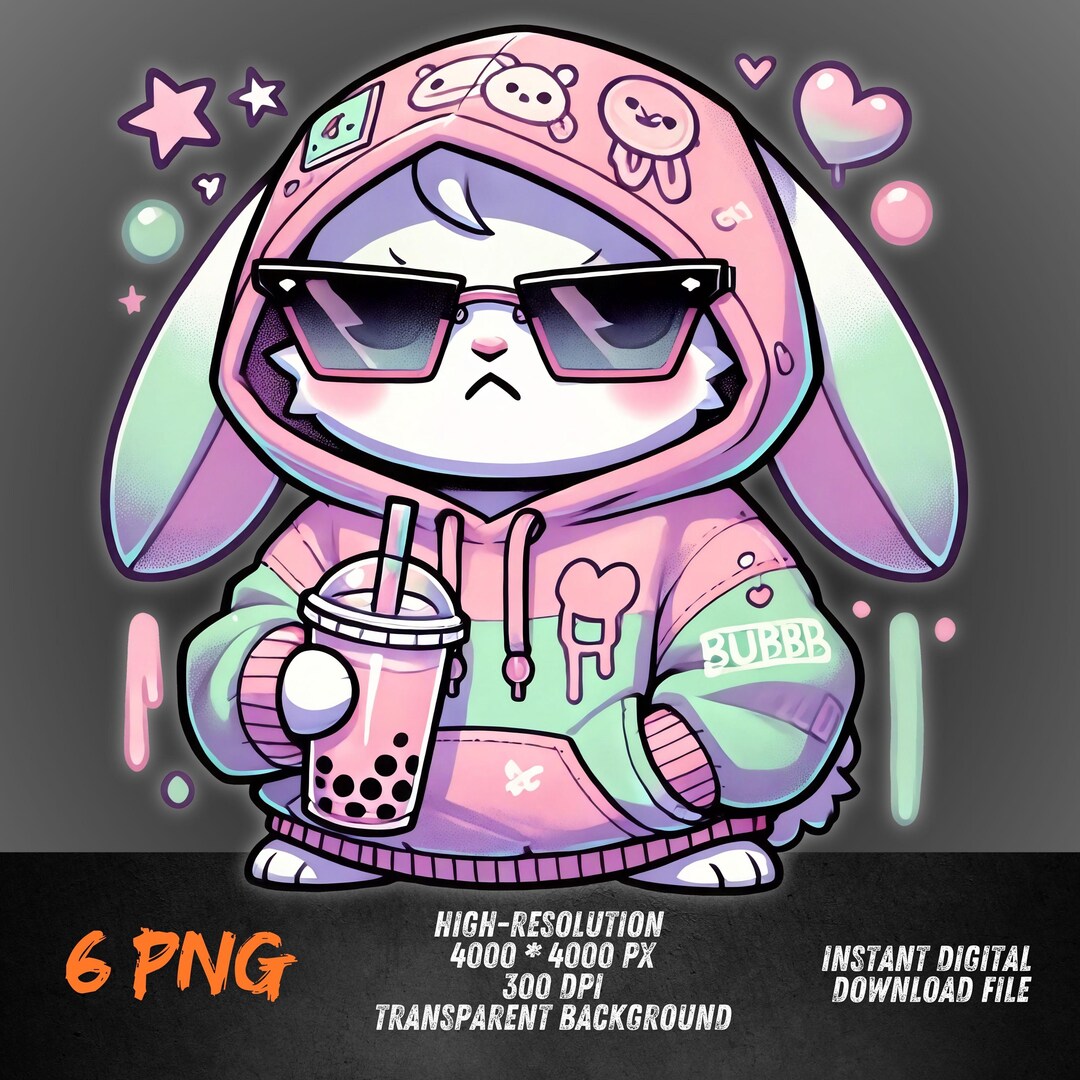 Boba Bunny PNG | Cute Bunny Clipart in Hoodie With Bubble Tea | Pastel ...