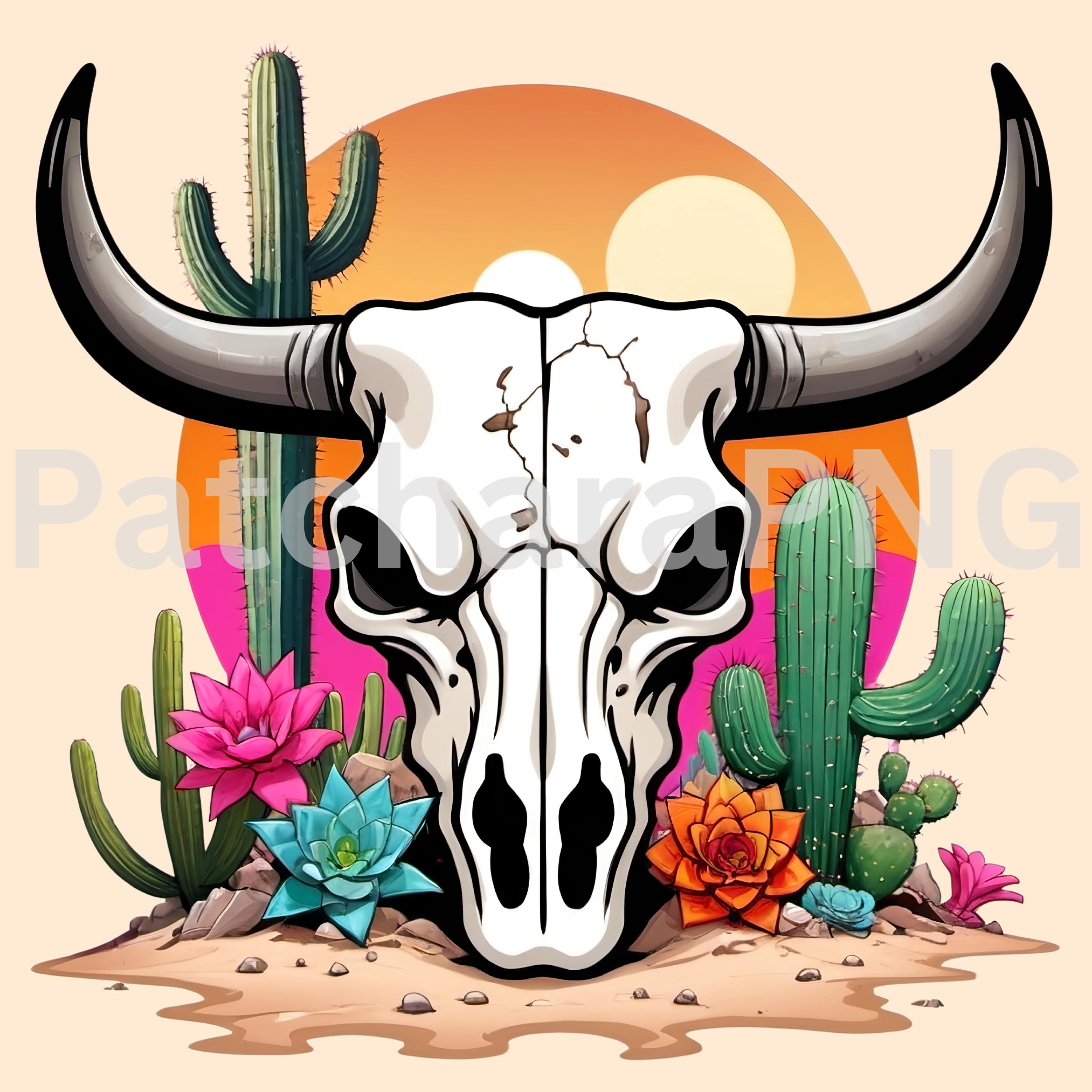Desert Cow Skull Graffiti Art With Cacti and Flowers Cow Skull and ...