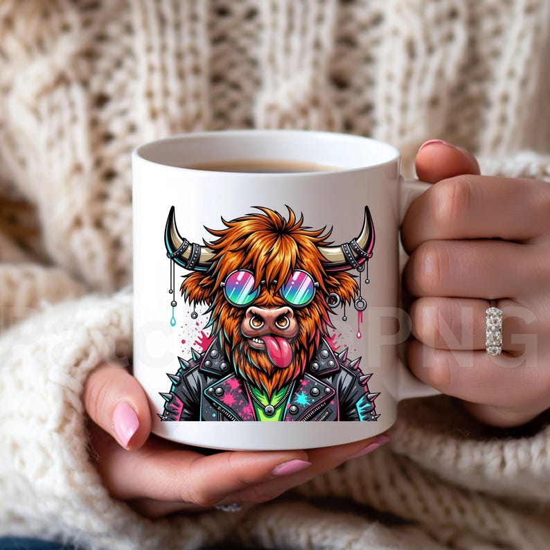 Rockstar Cow PNG | Highland Cow Clipart in Spiked Jacket With Glasses ...