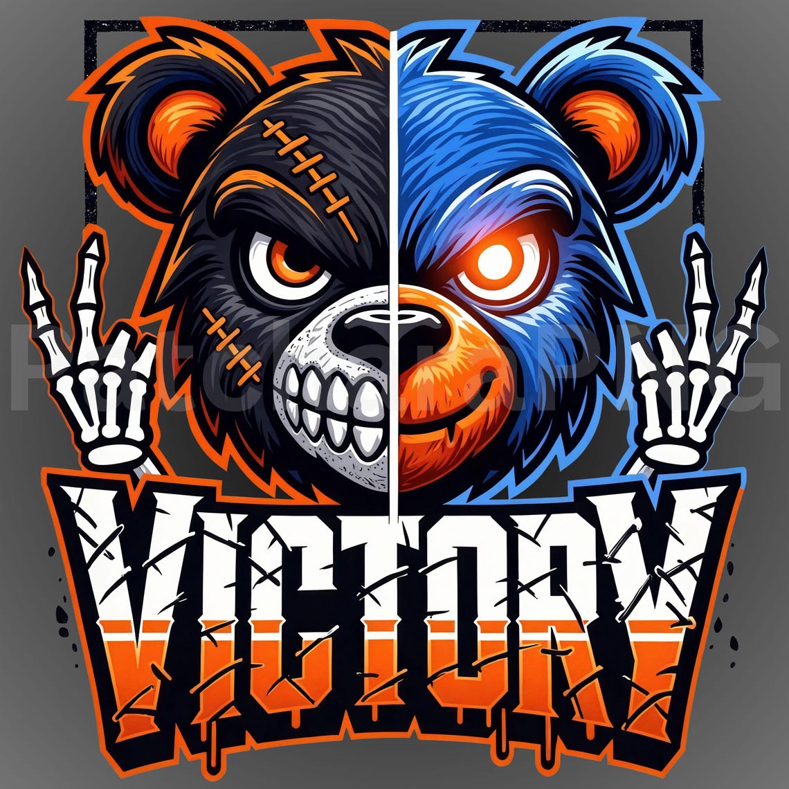 Victory Bear PNG | Split Face Bear With Skeleton Hands Clipart ...