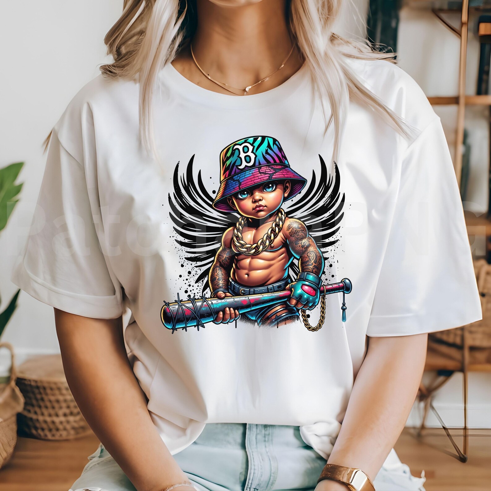 Gangsta Baby PNG | Tattooed Cartoon Kid With Bat for Streetwear Shirts ...