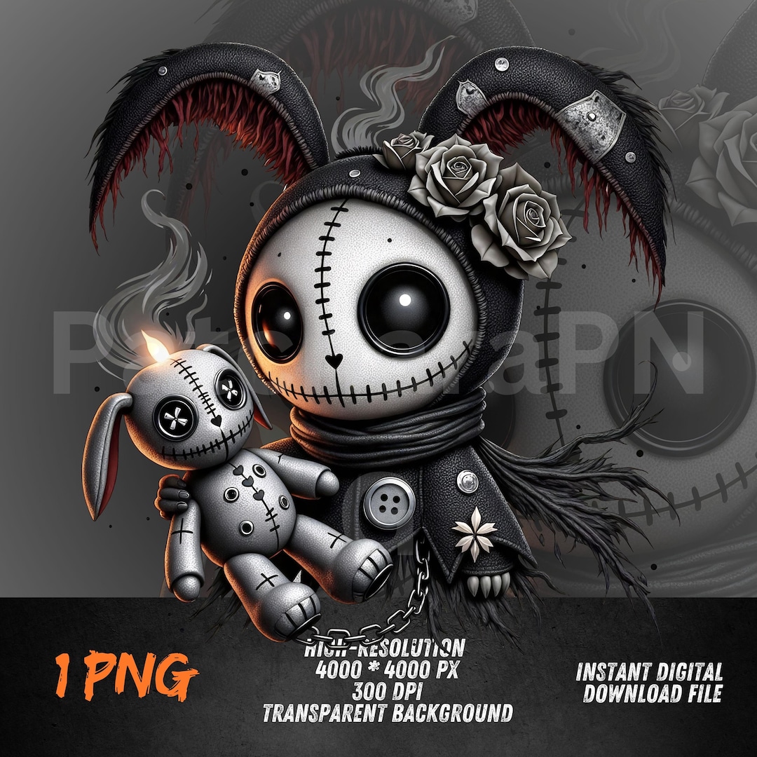 Gothic Bunny Holding Doll PNG | Dark Cute Clipart for Sublimation ...
