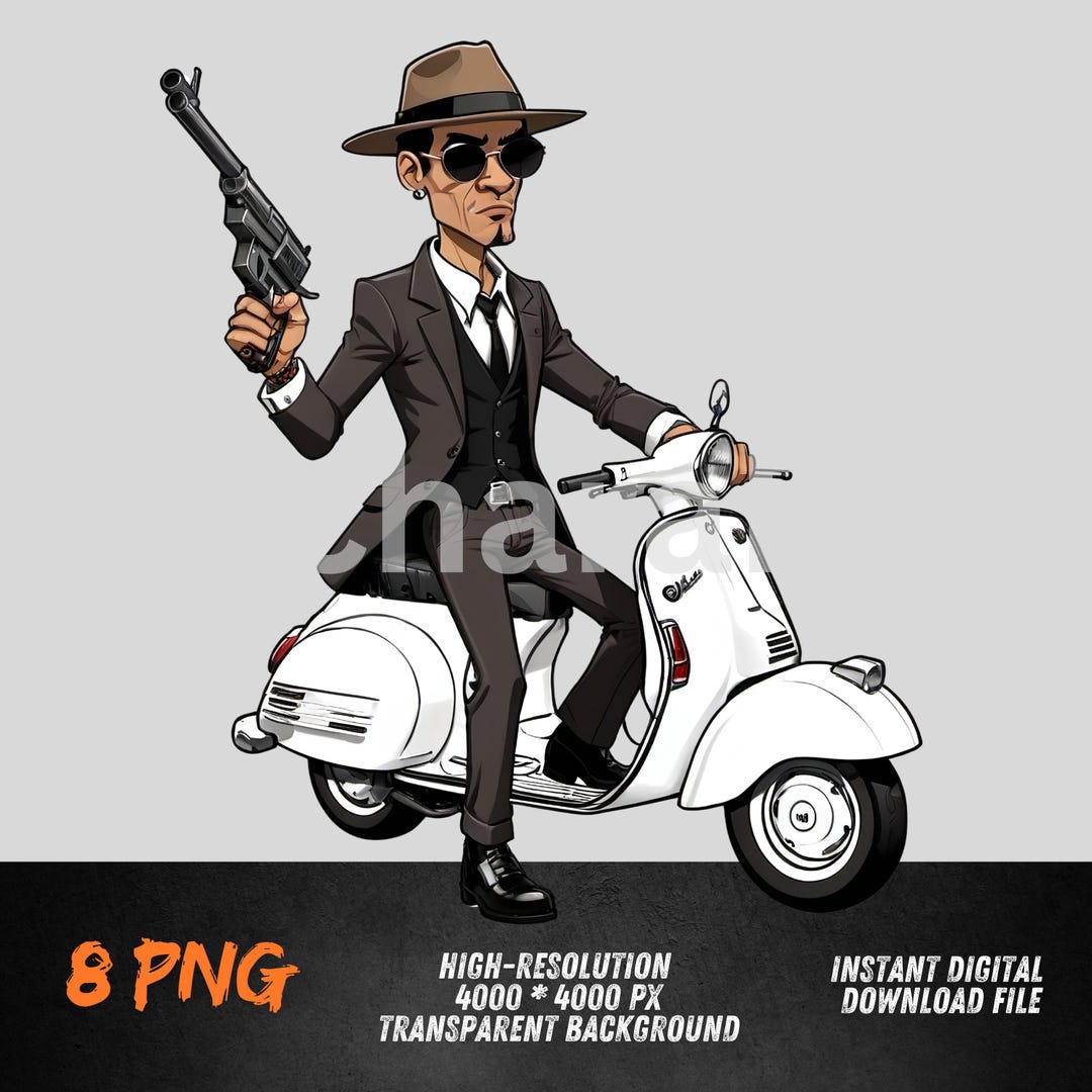 Cartoon Mafia With Vespa PNG, Funny Gangster Clipart, Retro Scooter Art ...