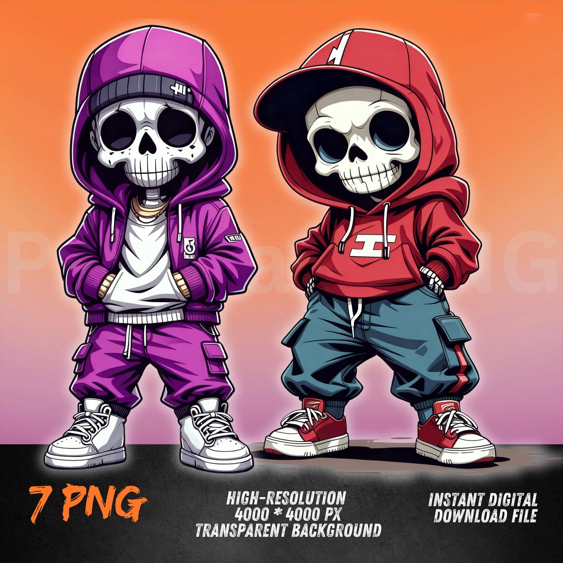 Cool Skeleton Duo PNG | Hoodie Skull Clipart in Red and Purple | Urban ...