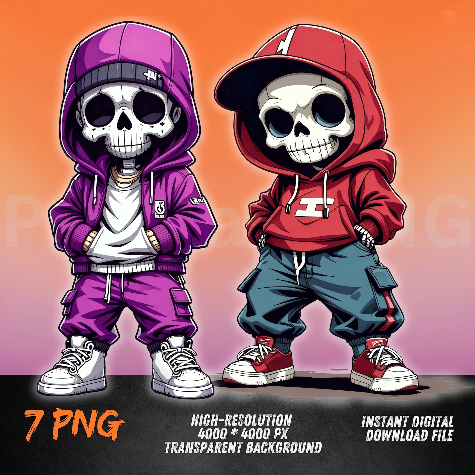 Cool Skeleton Duo PNG | Hoodie Skull Clipart in Red and Purple | Urban ...