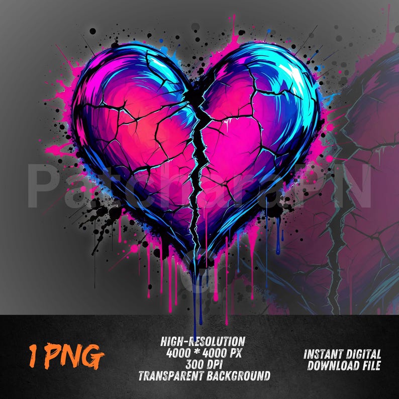 Broken Heart Graffiti PNG | Neon Street Art Sublimation Clipart for DTF ...