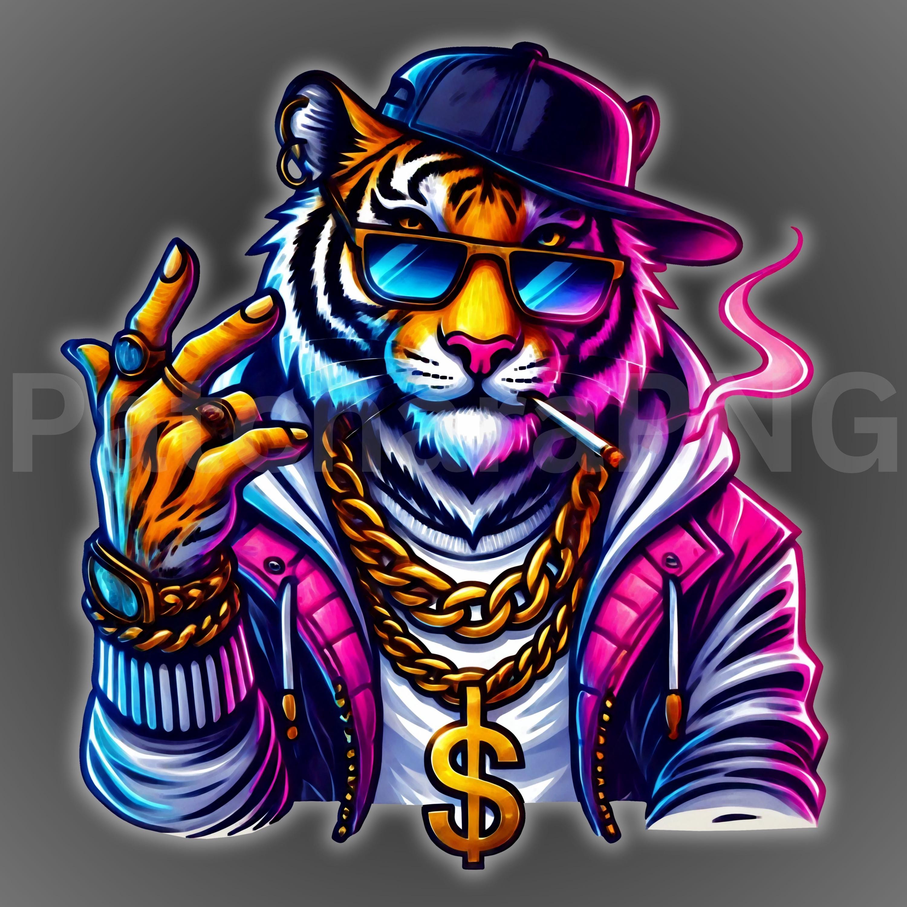 Hip Hop Tiger PNG | Neon Tiger Clipart With Chains, Glasses and Hat ...