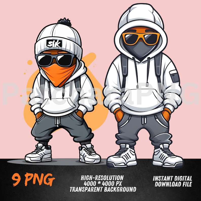 Hip-hop Ski Mask Characters PNG Duo | Gangsta Streetwear Cartoon | DTF ...
