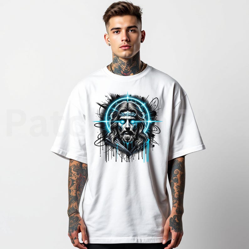 Jesus Dark Art PNG Neon Blue Halo Chrome Drip Religious Illustration - Etsy