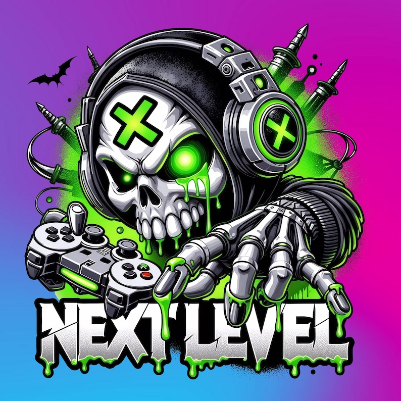 Gaming Skull PNG , Gamer Skull Neon Green Graffiti Controller Art for T ...