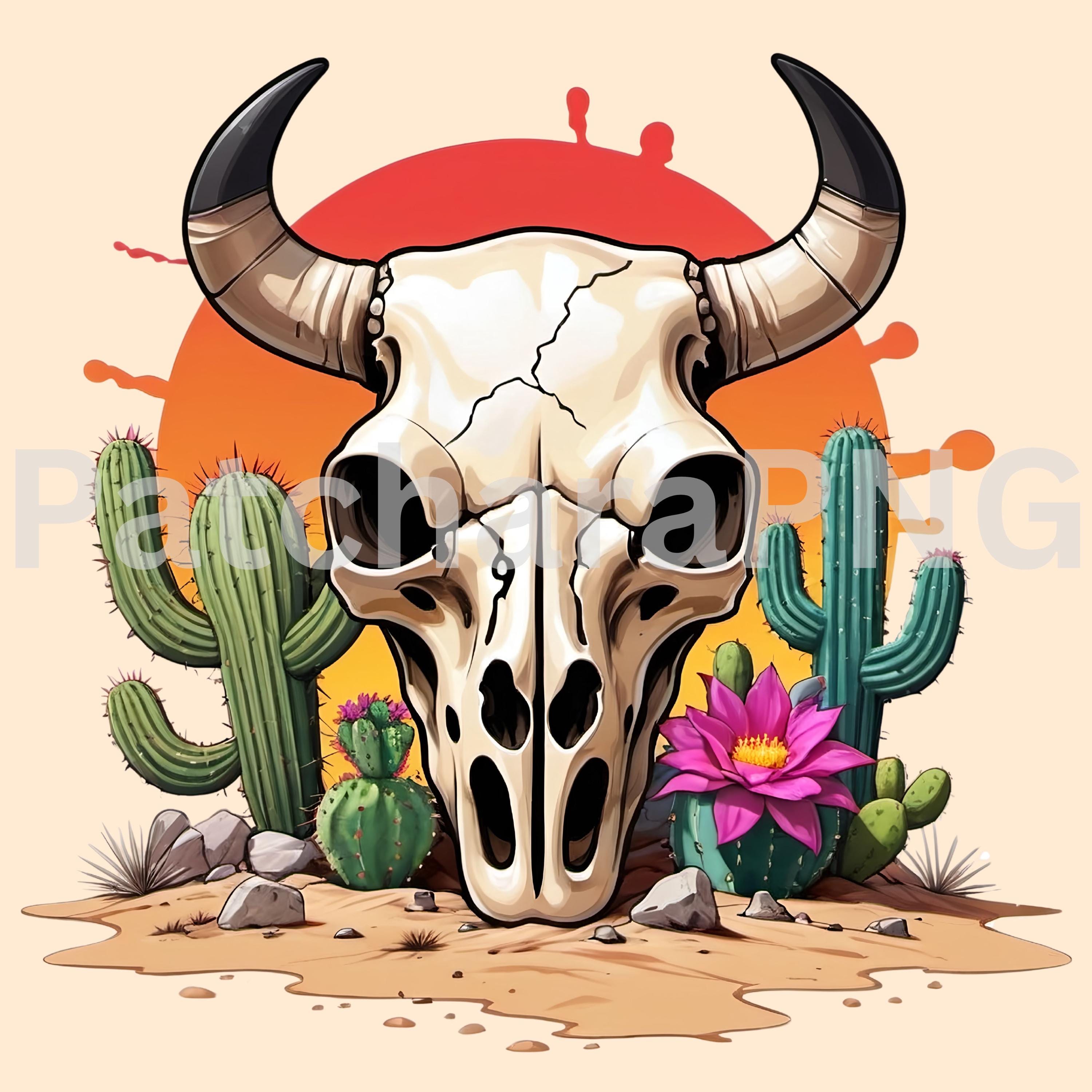 Desert Cow Skull Graffiti Art With Cacti and Flowers Cow Skull and ...