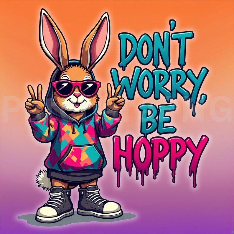 Be Hoppy Bunny PNG | Cute Bunny Clipart With Graffiti Text and Peace ...
