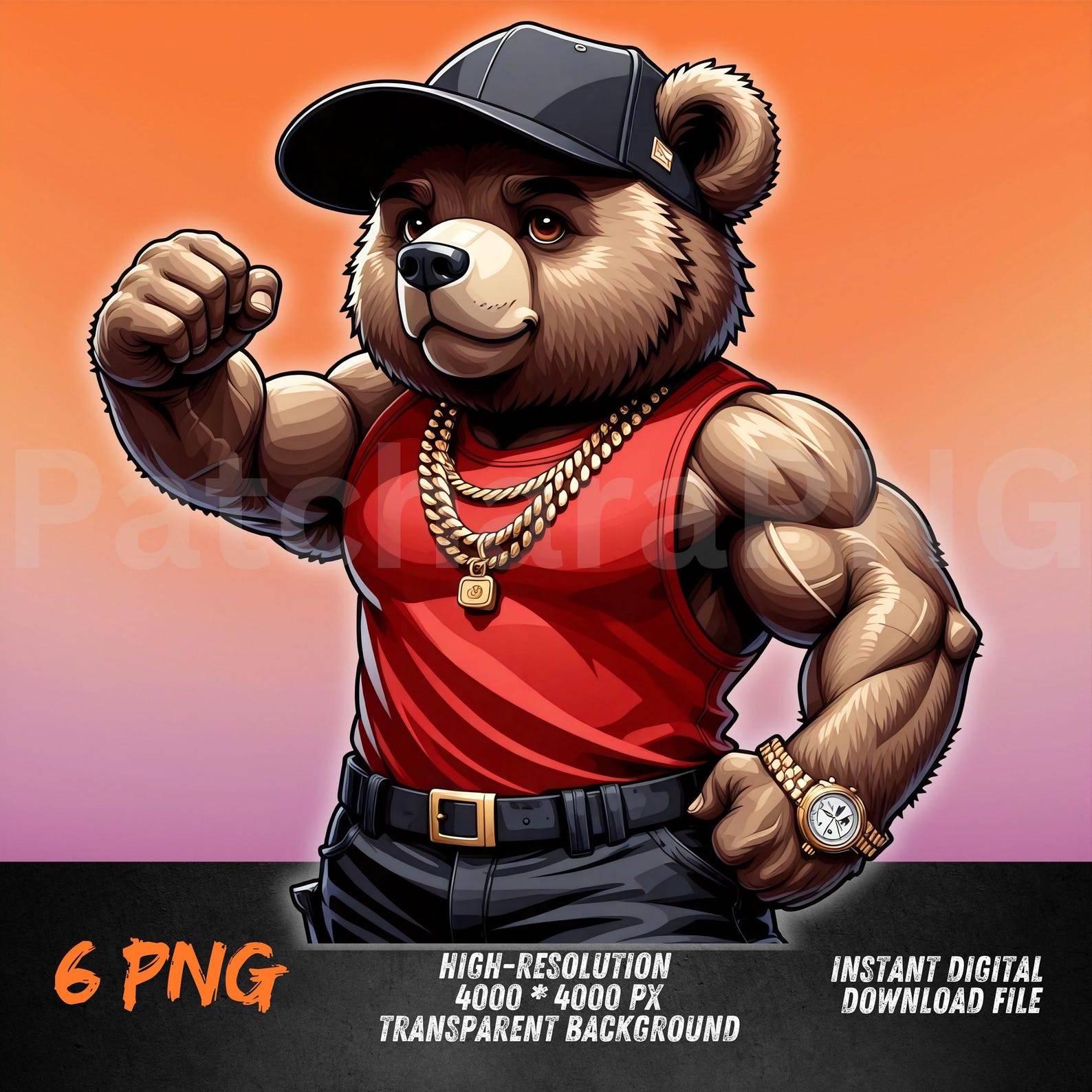 Muscular Teddy Bear Clipart | Hip-hop Gym Bear PNG | Strong Urban Bear ...