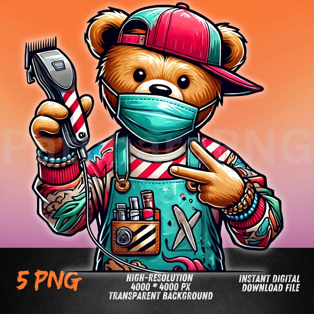 Barber Teddy Bear Clipart | Hip-hop Barber Shop PNG | Trendy Streetwear ...
