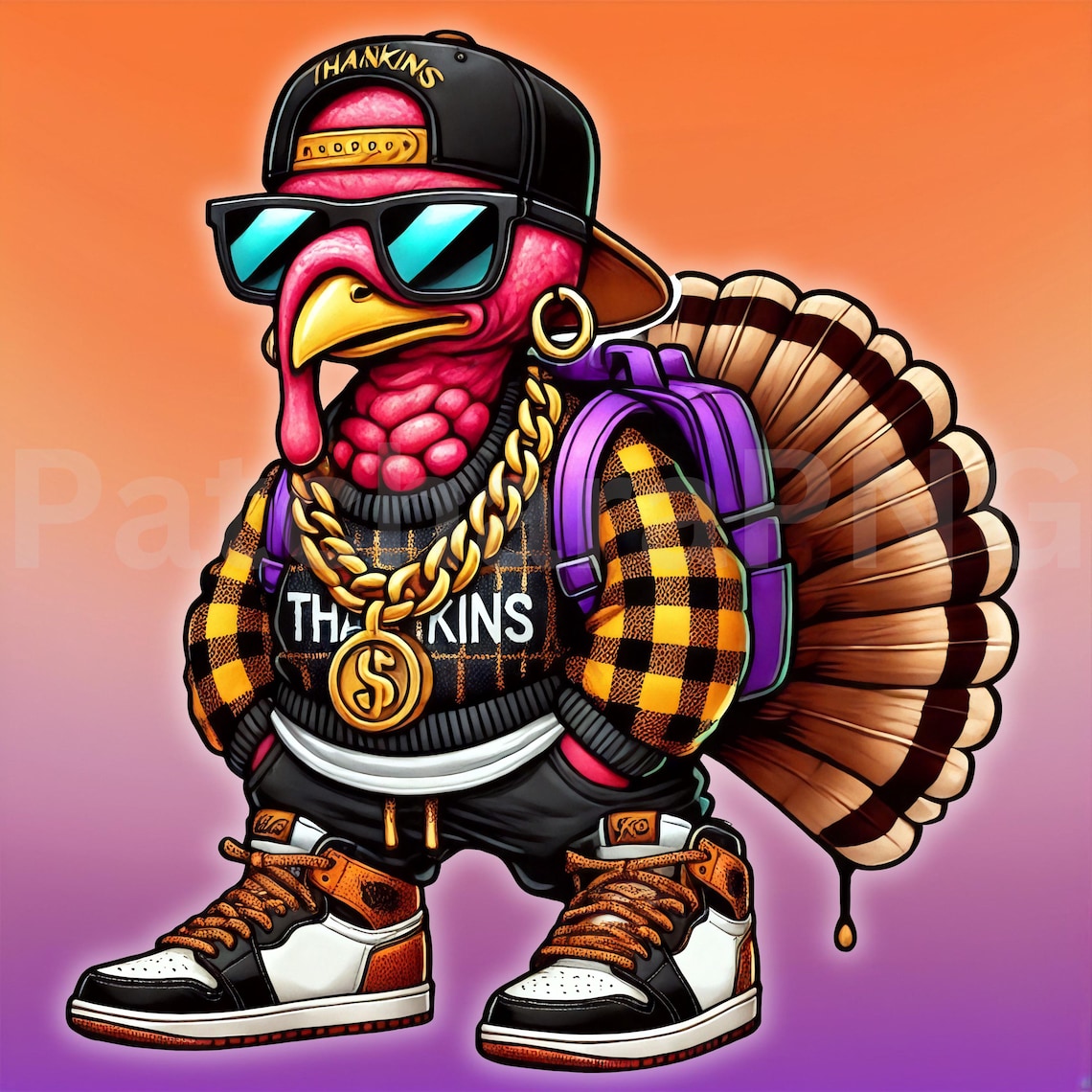 Gangsta Turkey PNG | Thanksgiving Turkey Clipart in Streetwear With Chains and Sneakers | Funny ...