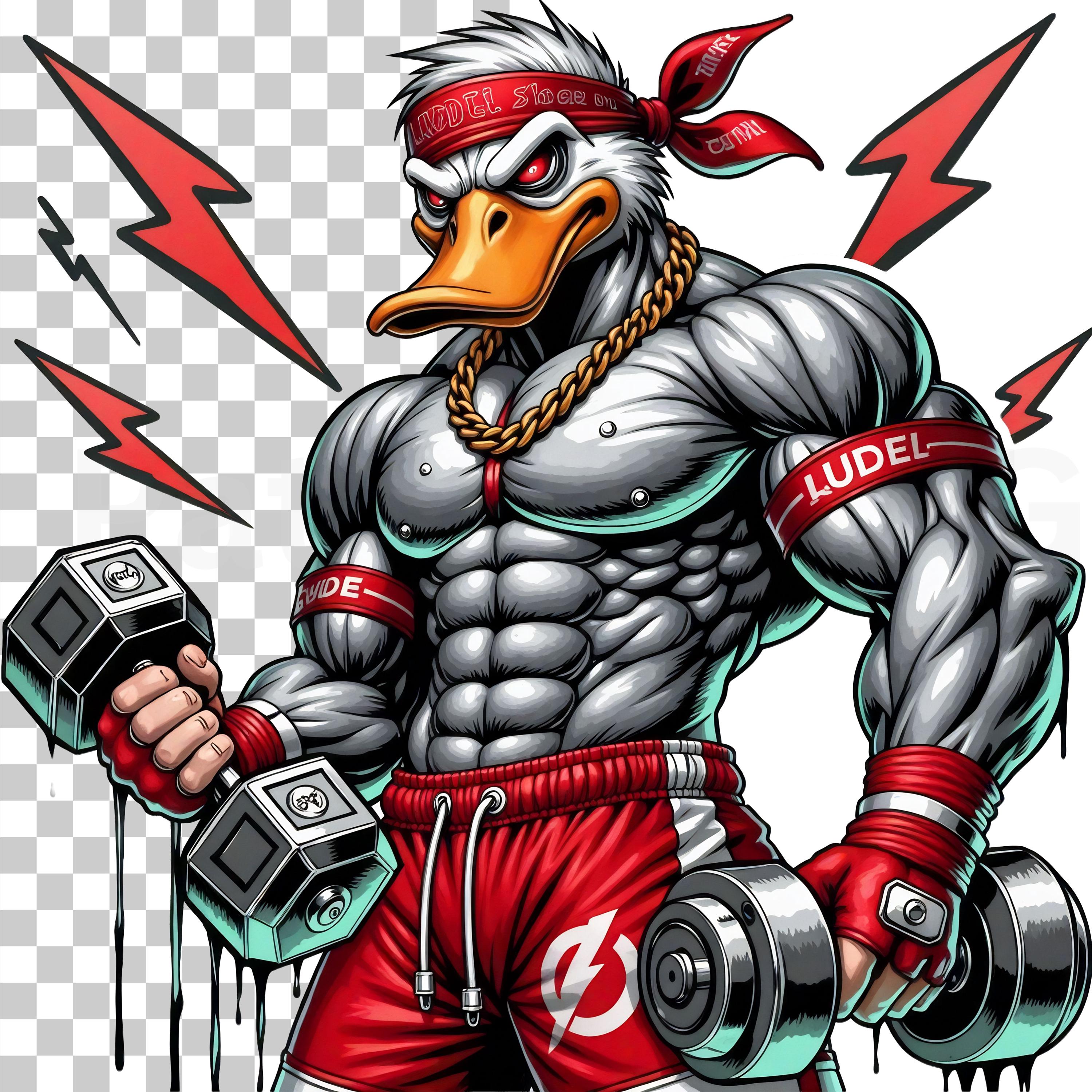Lightning Duck Gym PNG, Buff Fitness Mascot With Dumbbells, DTF ...