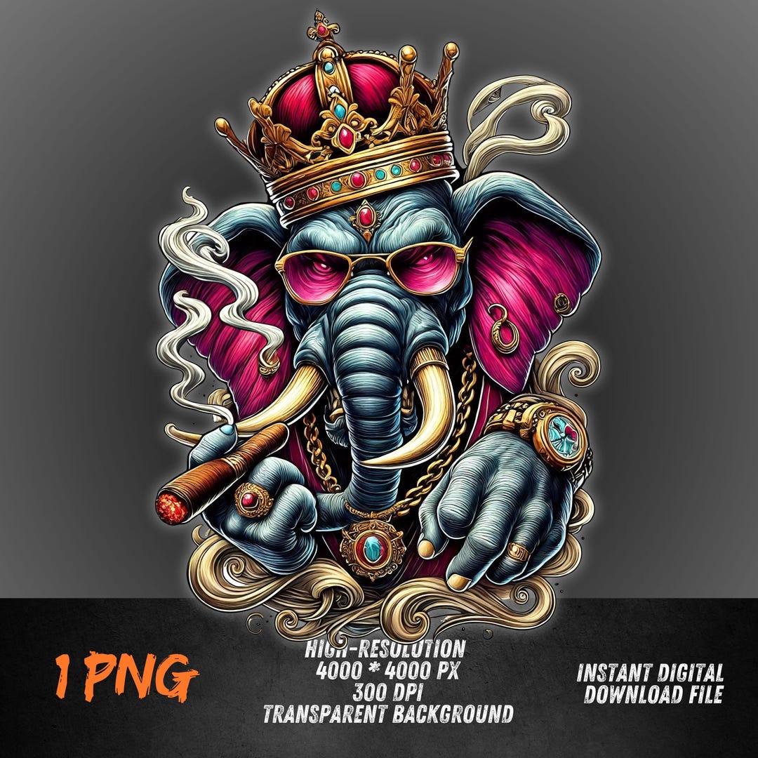 Crowned Elephant King PNG | Royal Urban Elephant Clipart With Cigar and ...