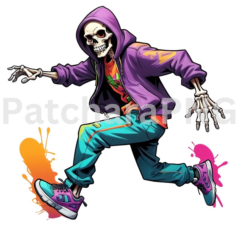 Cartoon Free Running Skeleton Art Print, Hip-hop Skeleton Graffiti Art ...