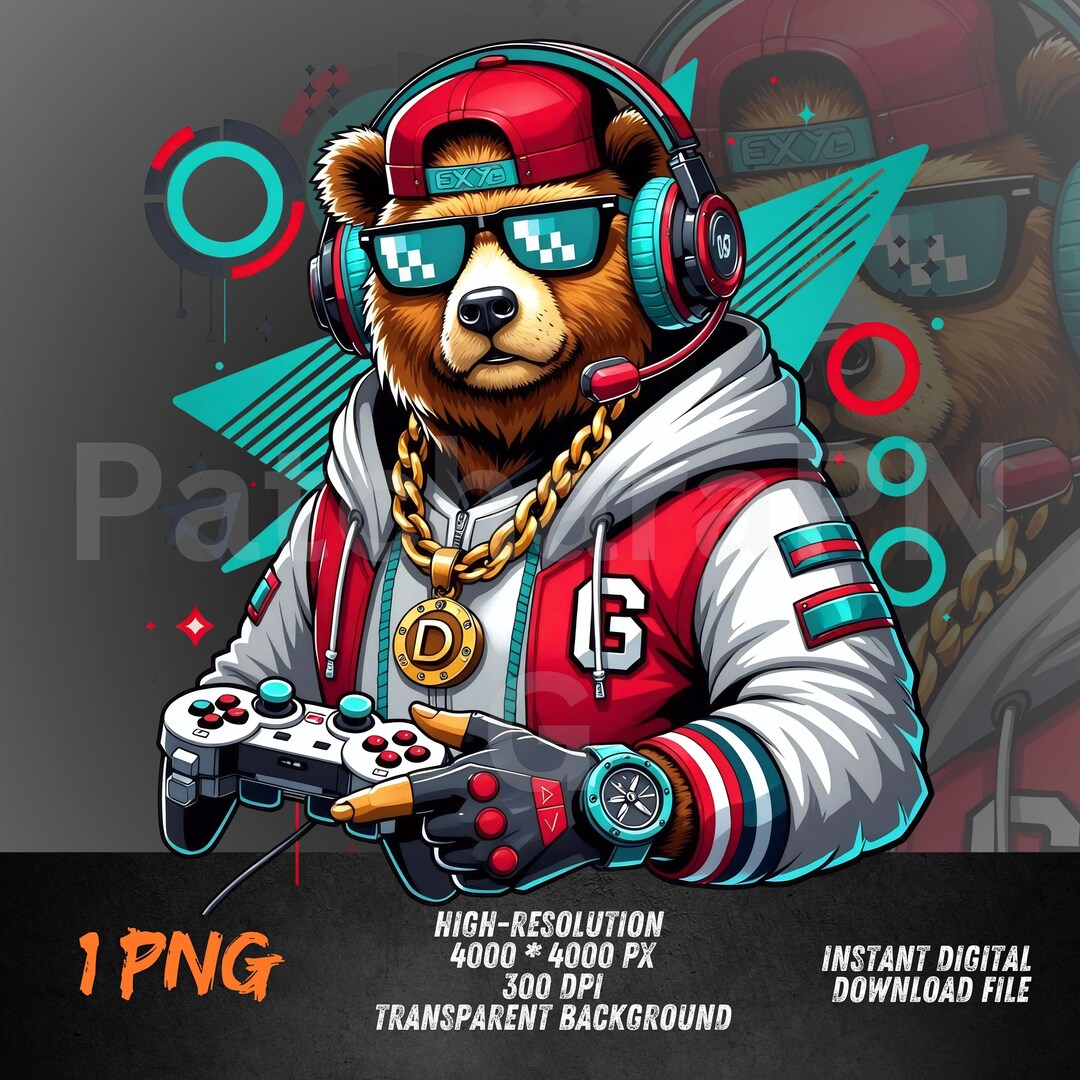 Gamer Bear PNG | Cool Gaming Clipart | Esports Sublimation PNG for ...