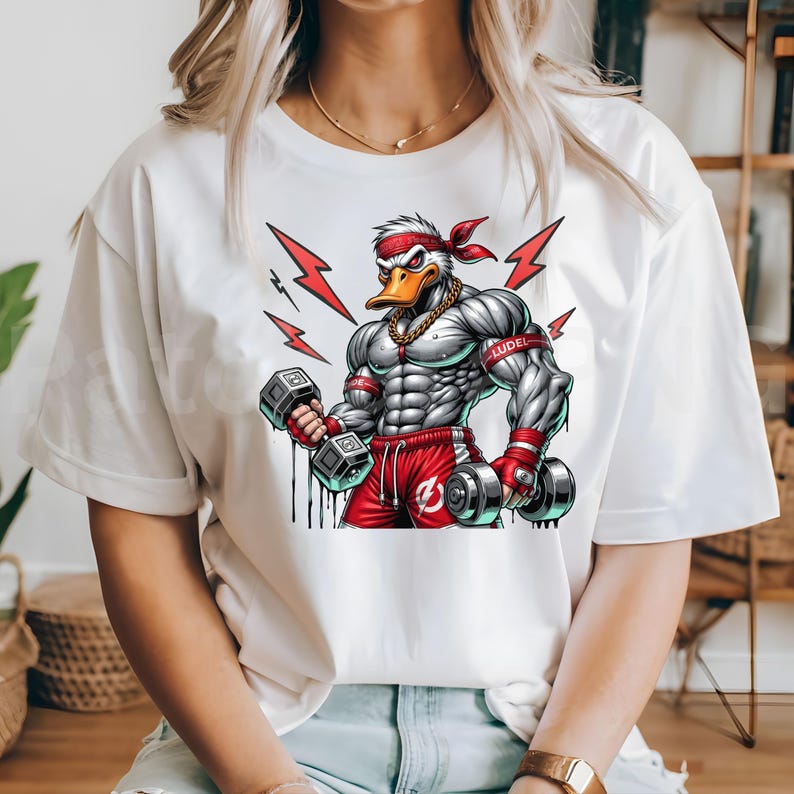 Lightning Duck Gym PNG, Buff Fitness Mascot With Dumbbells, DTF ...