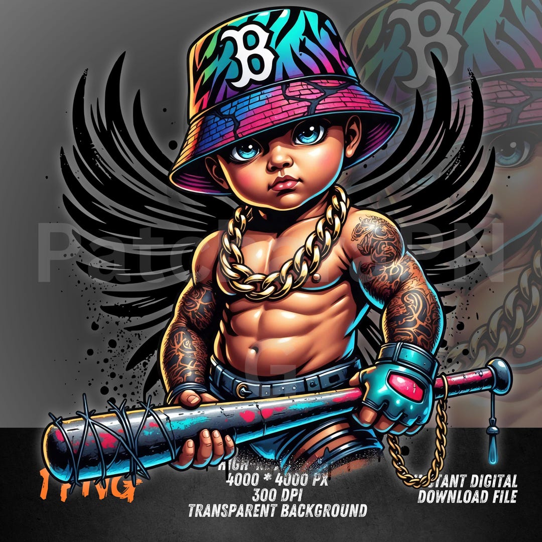 Gangsta Baby PNG | Tattooed Cartoon Kid With Bat for Streetwear Shirts ...