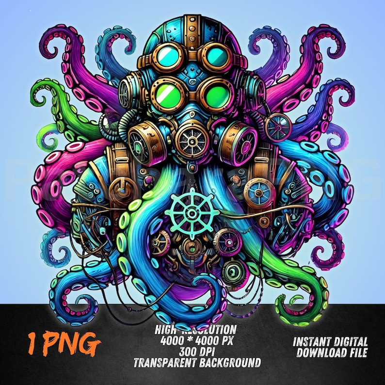 Steampunk Octopus PNG | Vibrant Gas Mask Cephalopod Art | Neon Tentacle ...