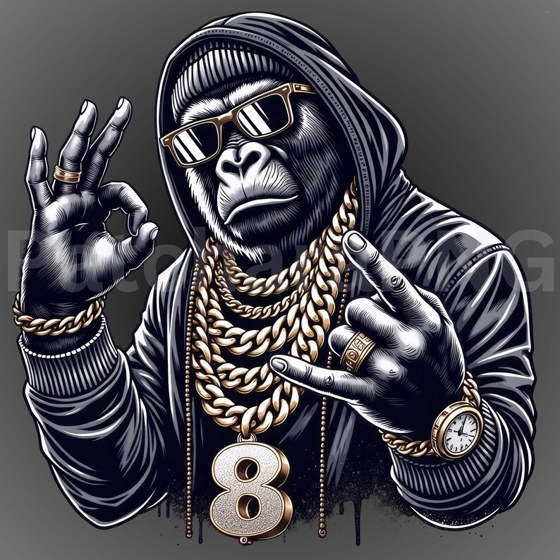 Gorilla Gangsta PNG | Bling Ape Clipart in Hoodie With Chains | Urban ...
