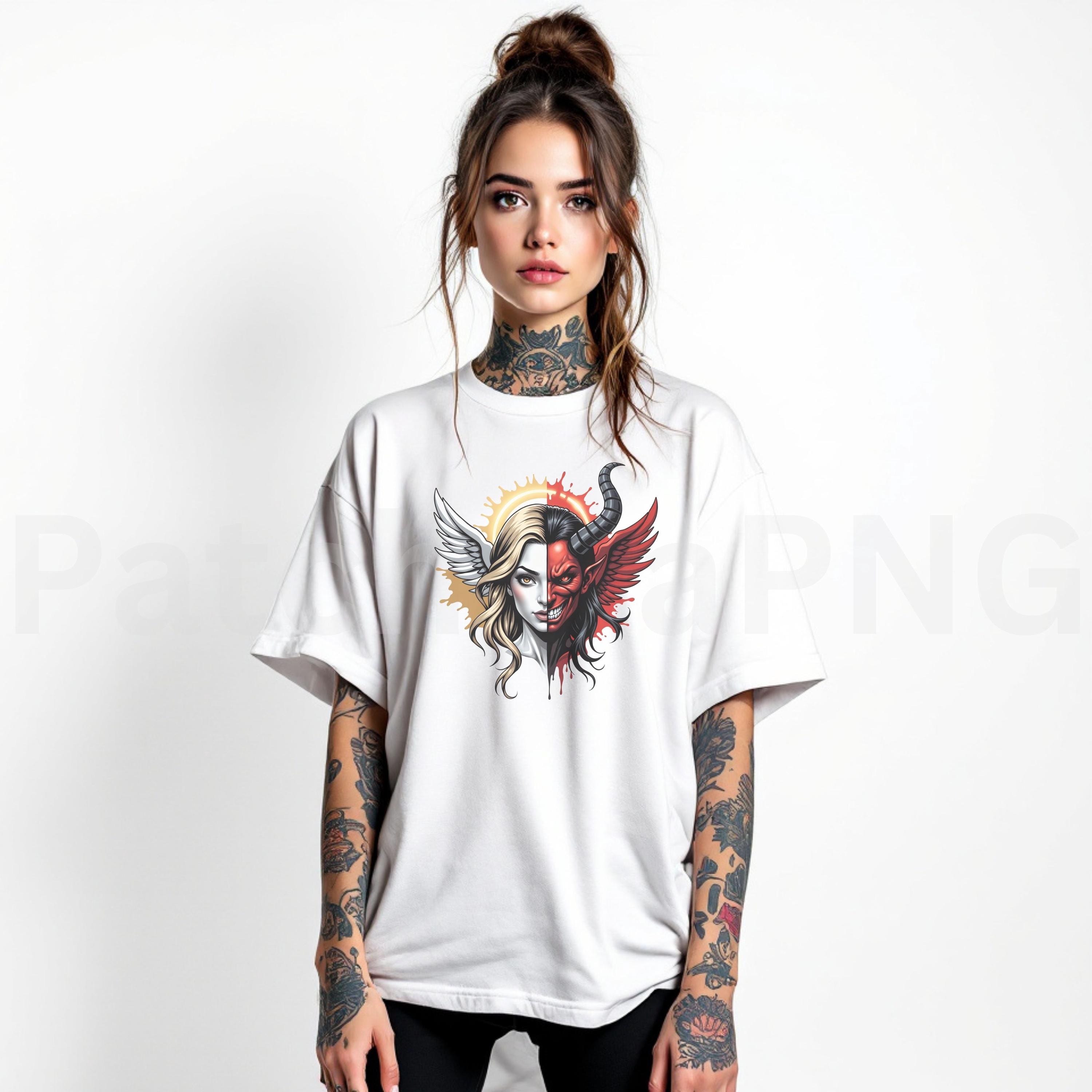 Angel and Demon Face Split PNG – Gothic Tattoo Style Sublimation Design ...