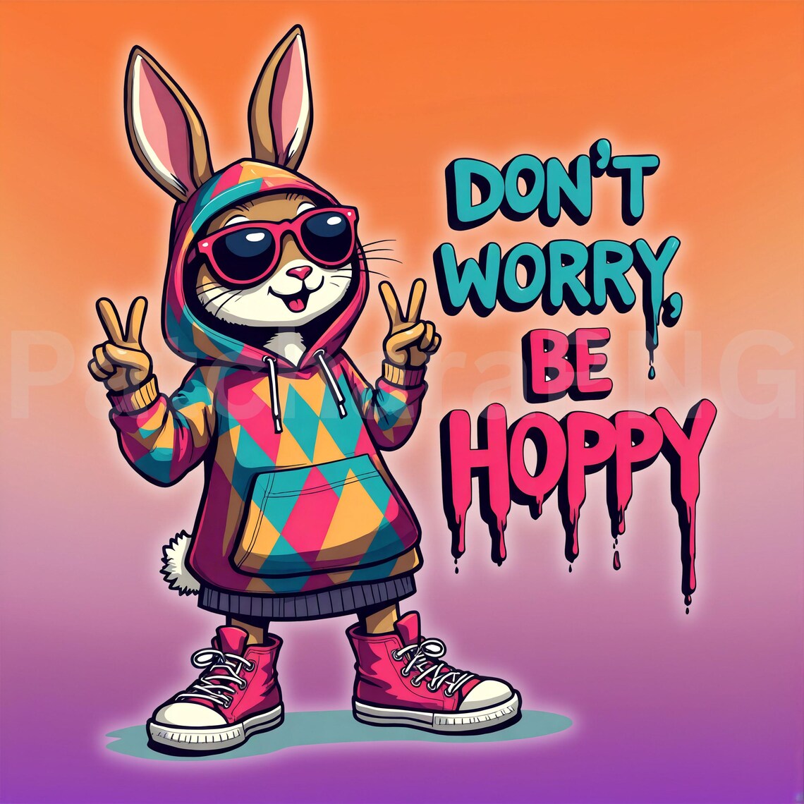 Be Hoppy Bunny PNG | Cute Bunny Clipart With Graffiti Text and Peace ...