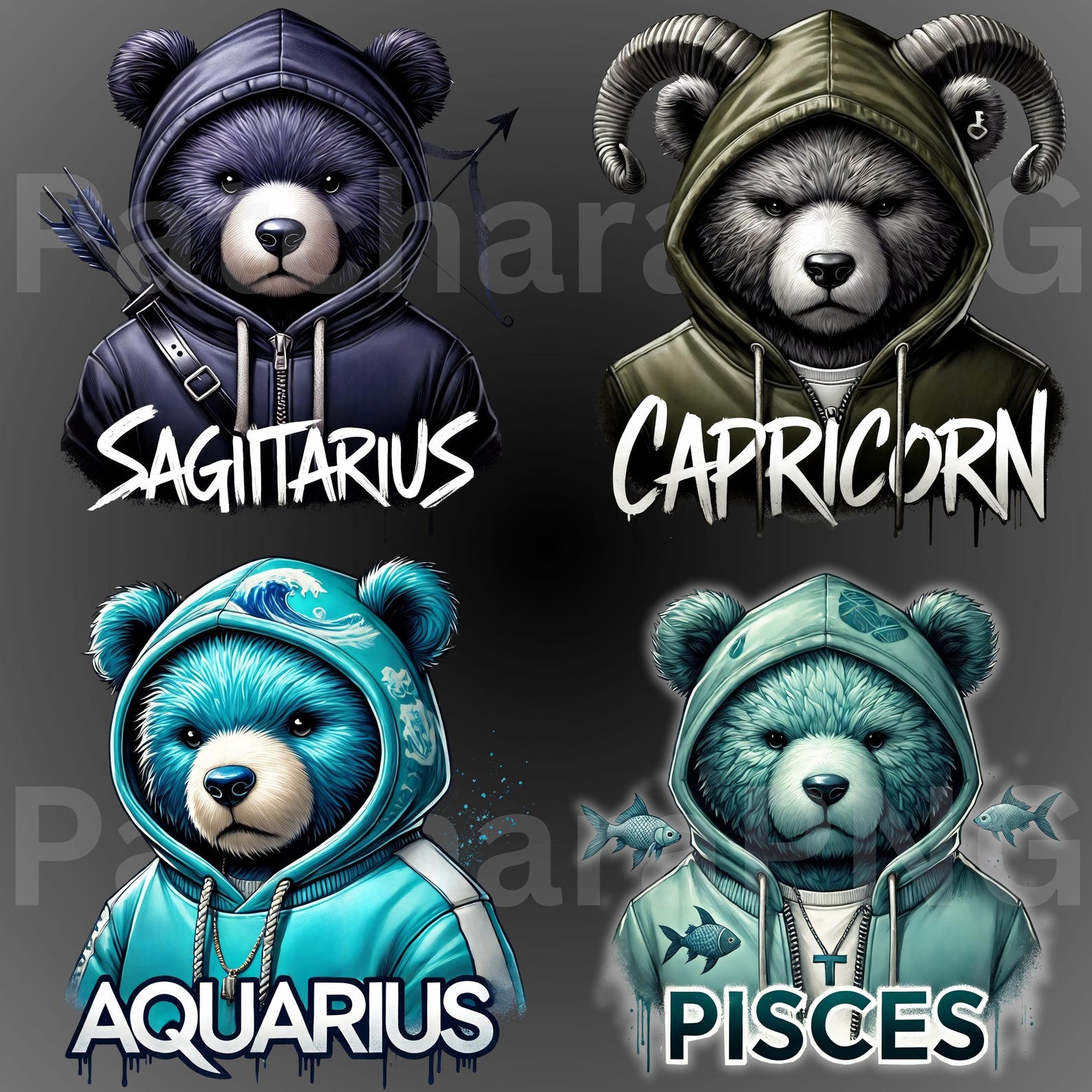Zodiac Bear PNG Bundle | 12 Horoscope Bear Clipart in Hoodies ...