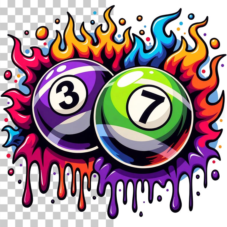 Graffiti Pool Ball PNG 3 & 7 Flame Art | Bold Billiards Clipart for DTF ...