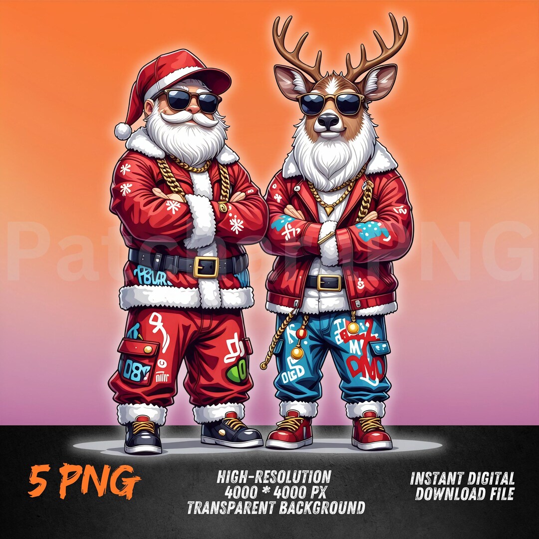 Cool Santa and Reindeer Clipart | Hip-hop Christmas Duo PNG | Trendy ...