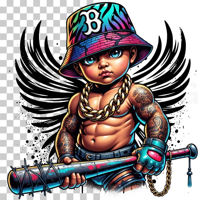 Gangsta Baby PNG | Tattooed Cartoon Kid With Bat for Streetwear Shirts ...