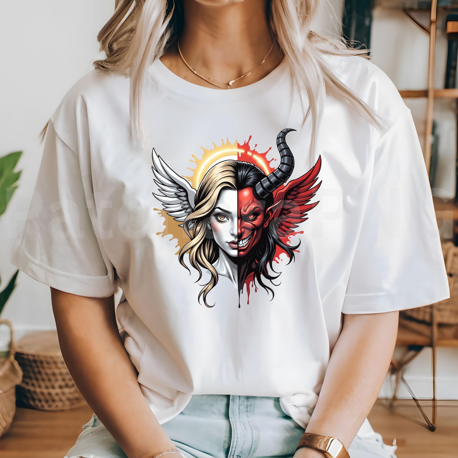 Angel and Demon Face Split PNG – Gothic Tattoo Style Sublimation Design ...