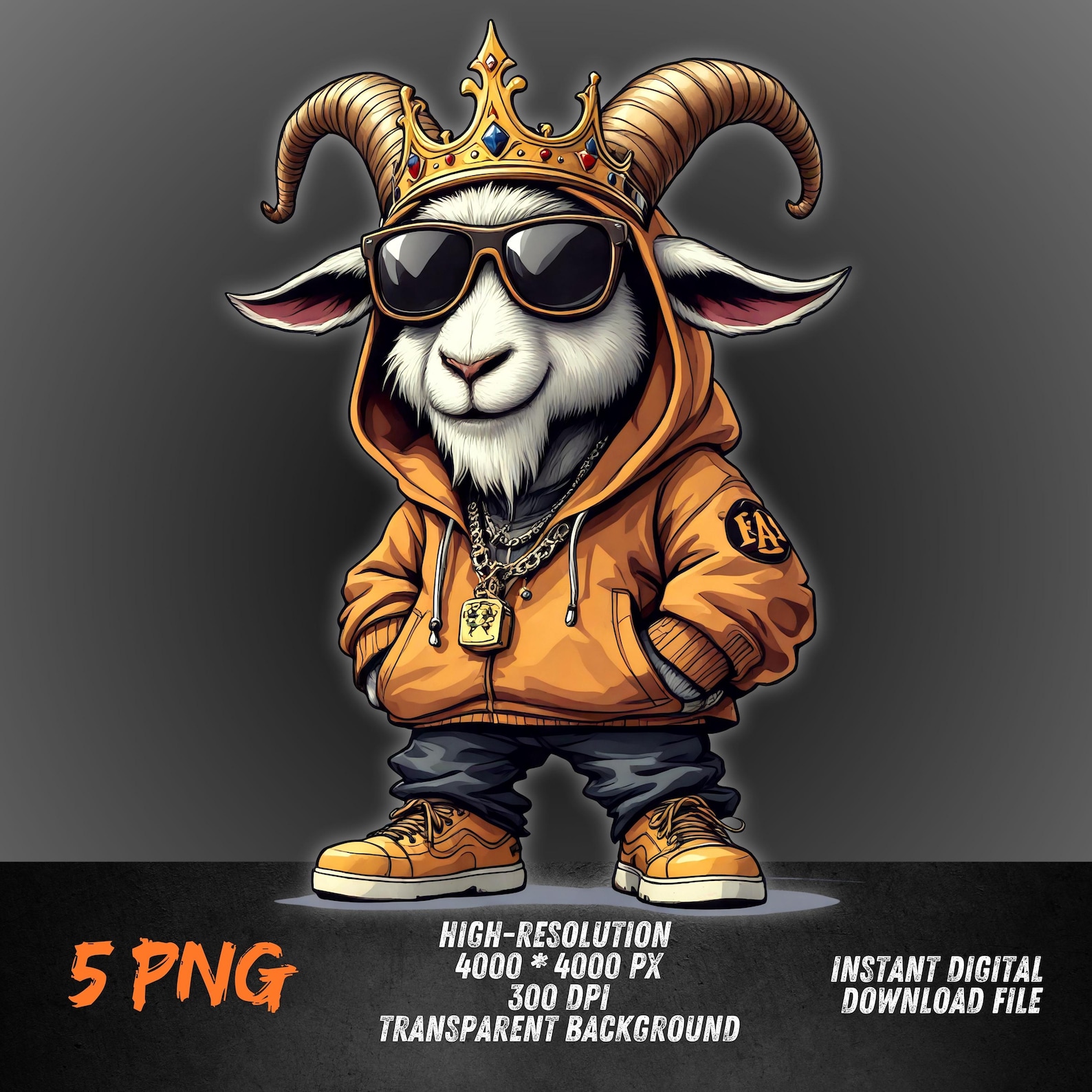 Goat King PNG | Cool Goat Clipart With Crown and Hoodie | Hip Hop Gang ...