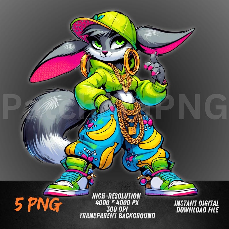 Hip Hop Bunny PNG | Bunny Clipart in Neon Streetwear With Chains | Swag ...