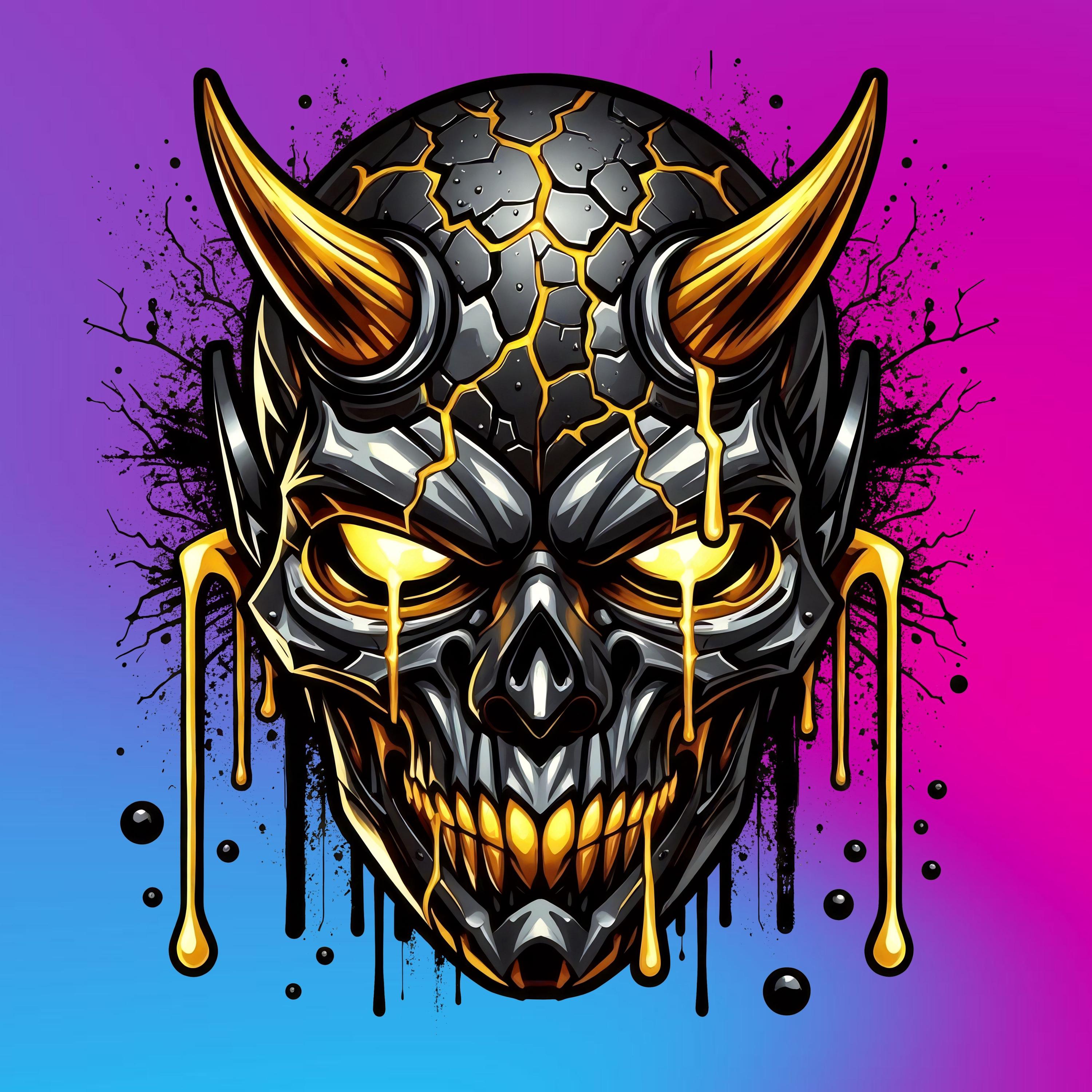 Demon Skull PNG Graffiti Style | Dripping Gold Horned Head Clipart ...