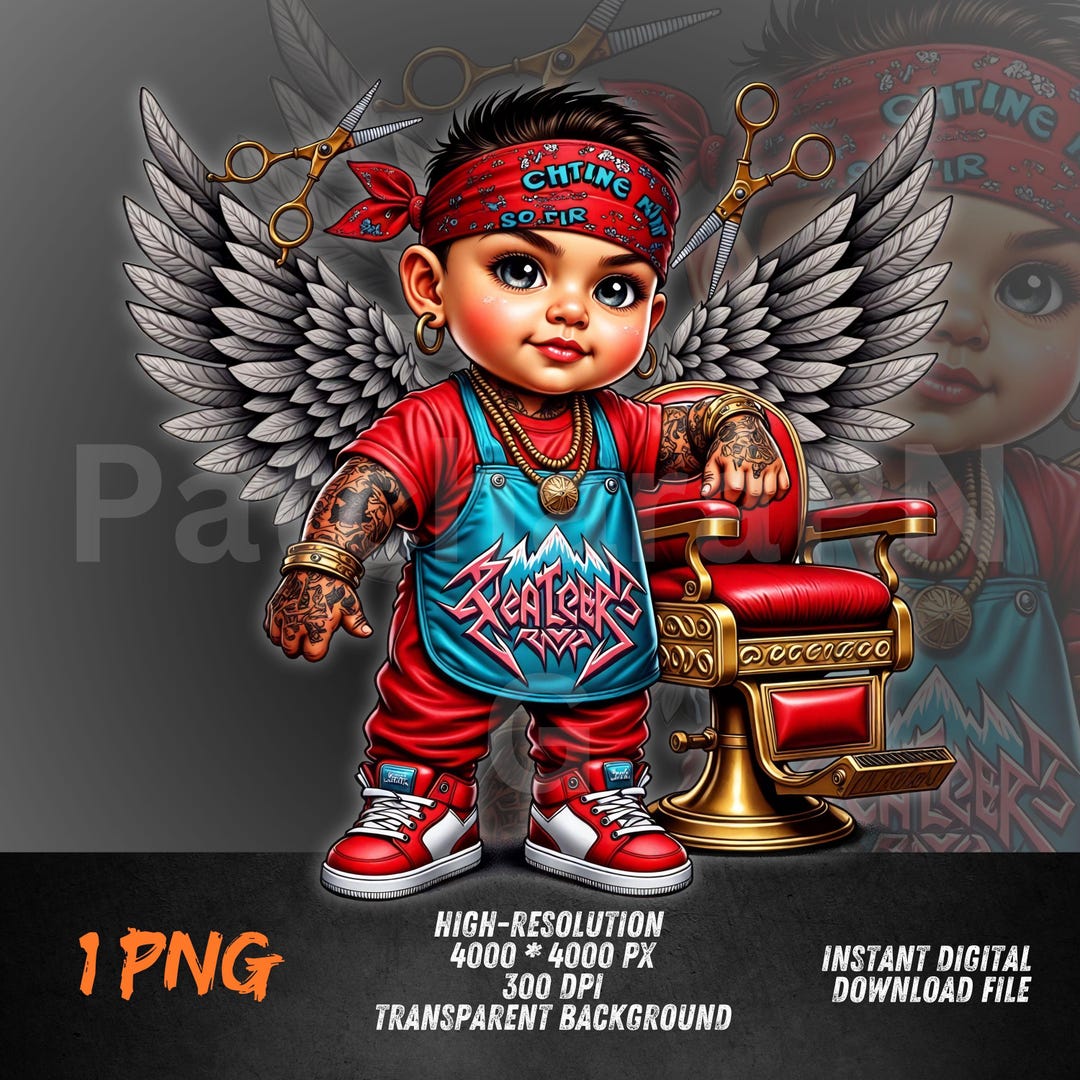 Barber Baby PNG – Cute Tattooed Hair Stylist Character for DTF Shirts ...