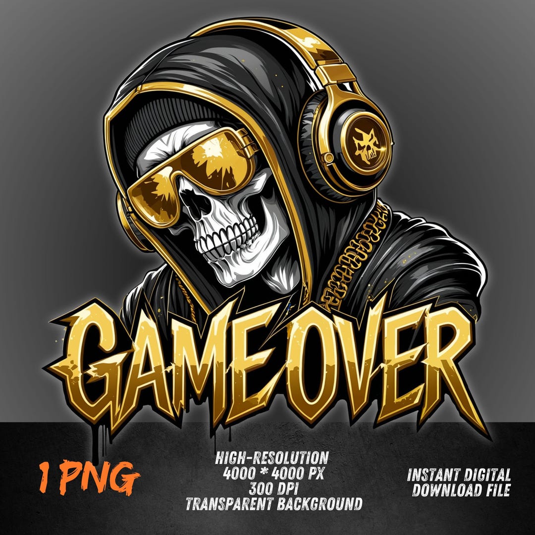 Game Over Skull PNG | Gamer Skull Clipart With Hoodie and Headphones ...