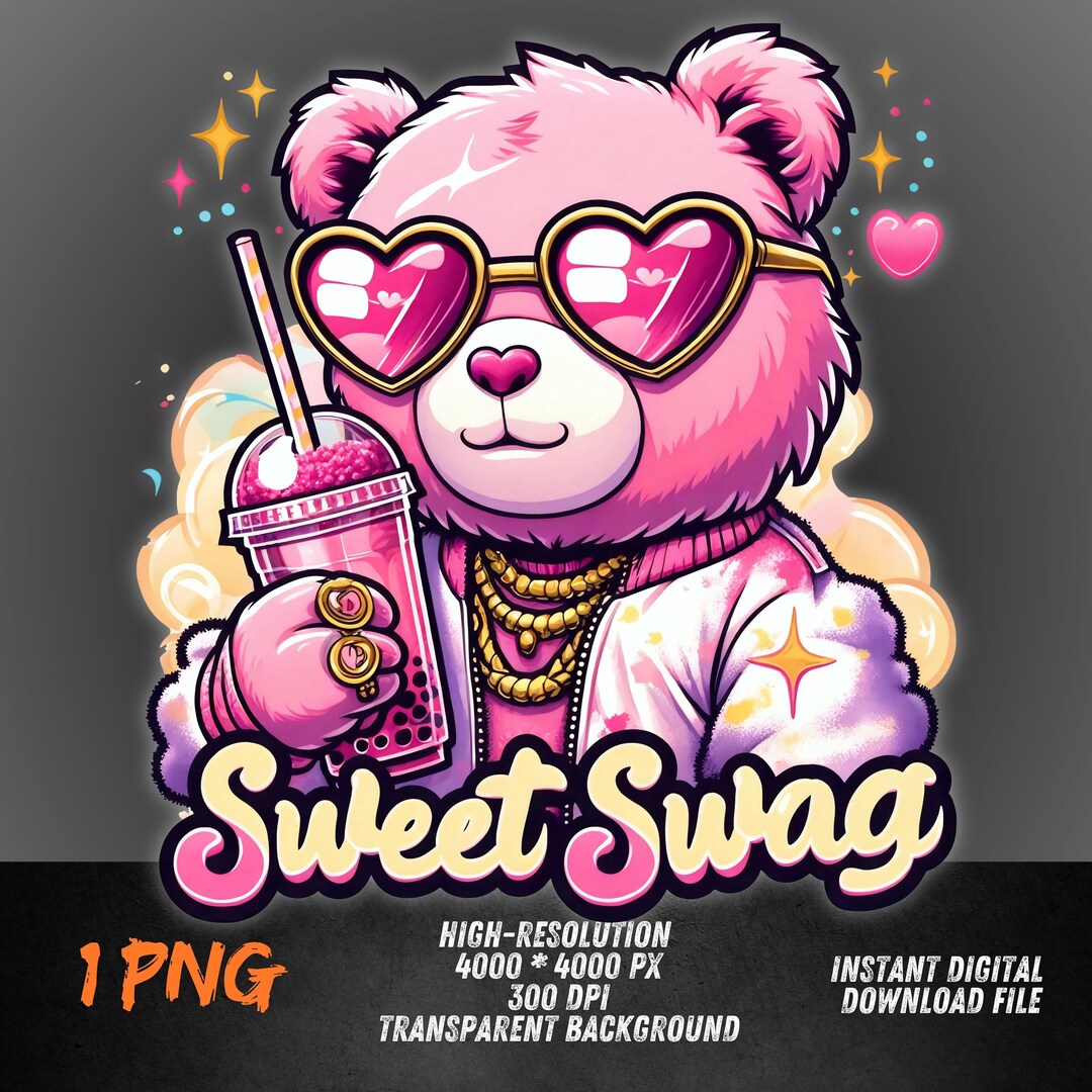 Sweet Swag Bear PNG | Pink Teddy Clipart With Heart Glasses and Drink ...