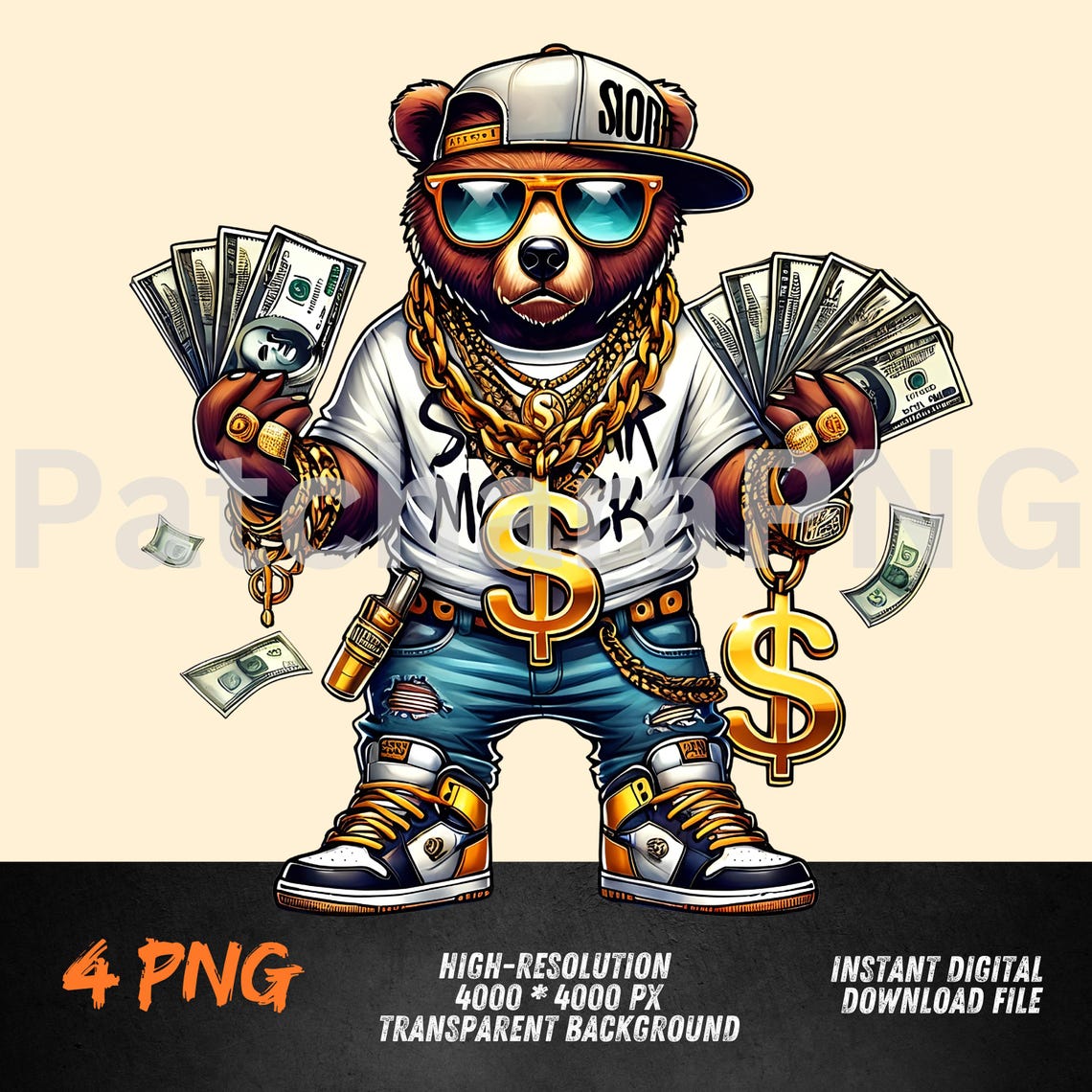 Hip-hop Teddy Bear King PNG | Cartoon Rich Bear With Gold Chains | Digital Download for T-shirts ...